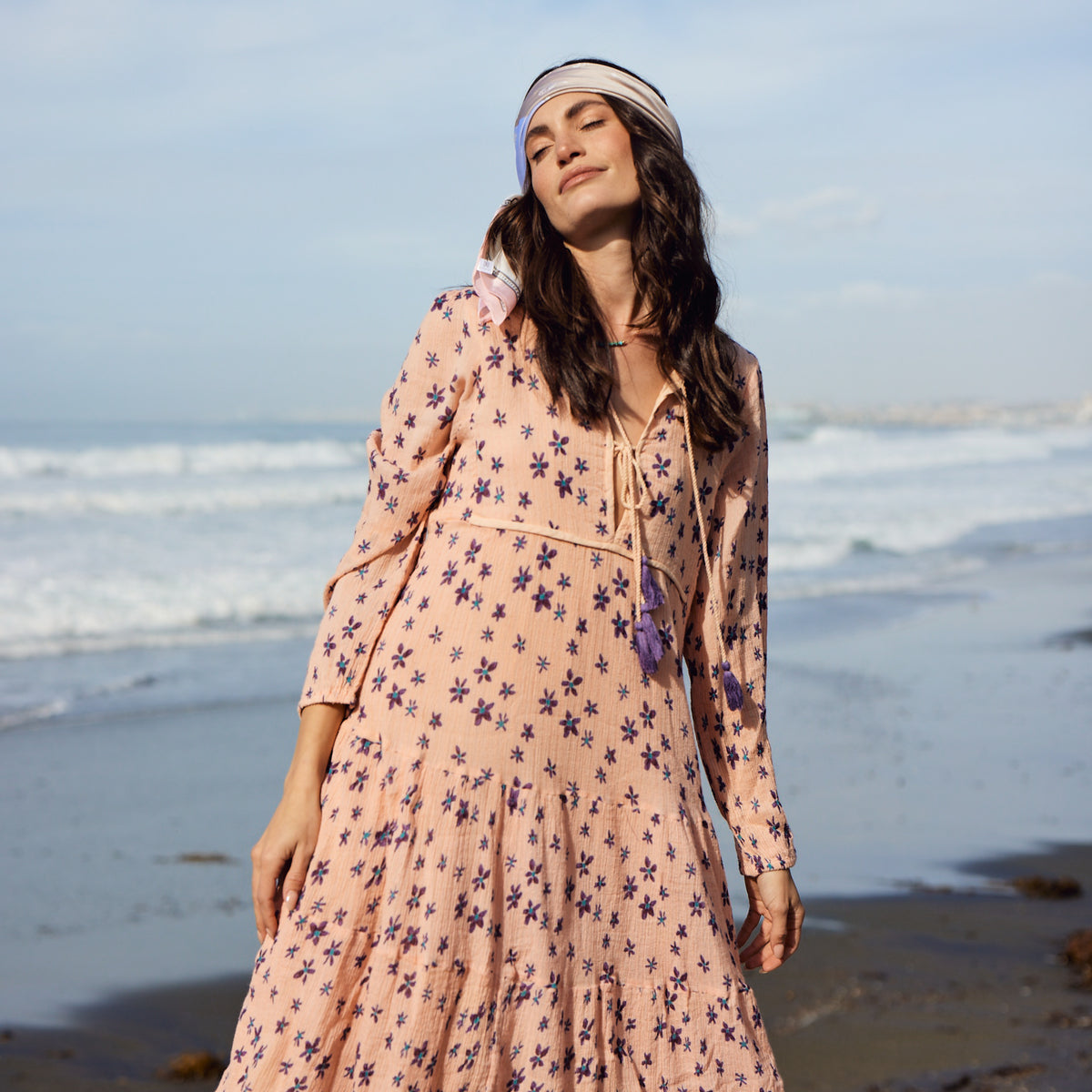 Marisa Printed Midi Dress Long Sleeve With Tassels Coral/Purple – Blue ...